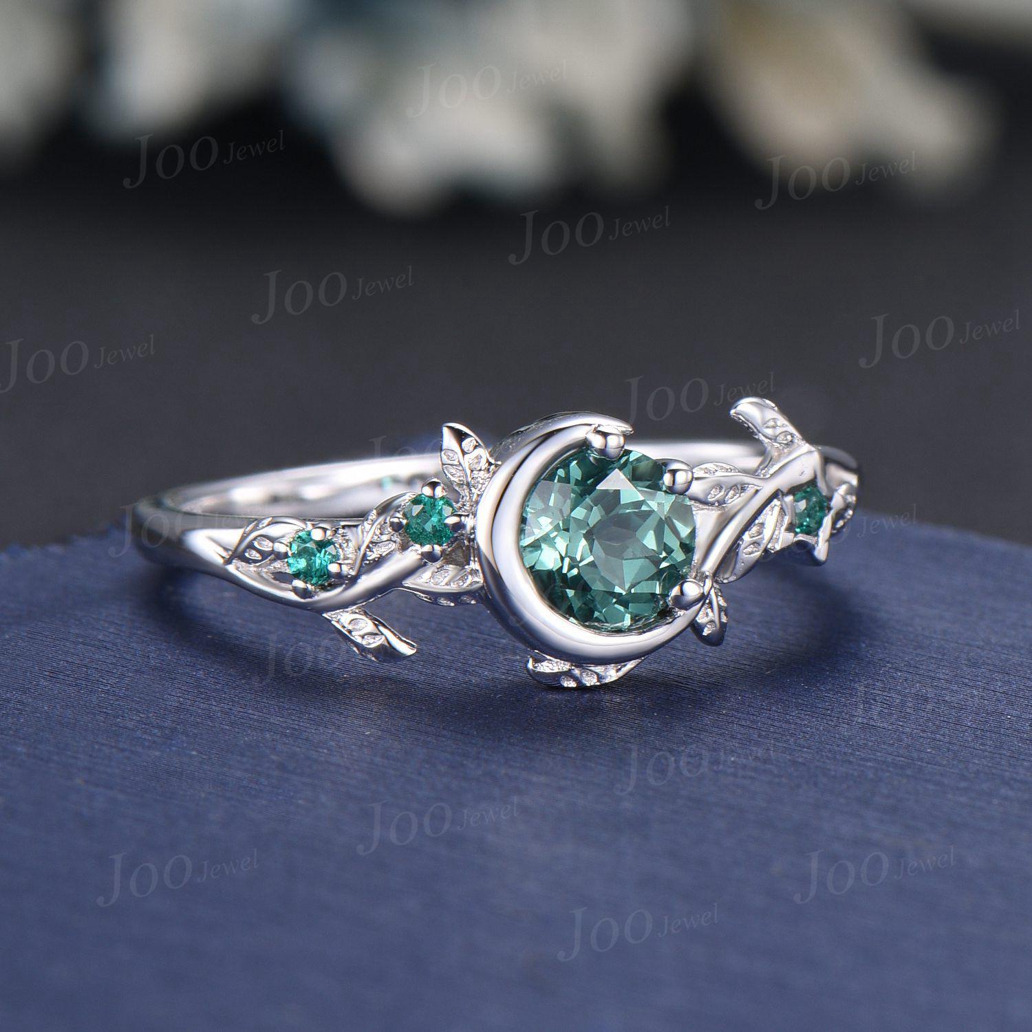 Nature Inspired Green Sapphire Ring Moon Star Design Vintage 1ct Round ...