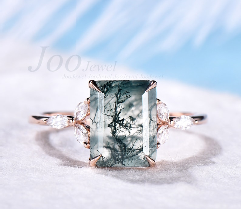 Green Moss Agate Ring Unique Vintage 7x9mm Emerald Cut Moss Agate ...