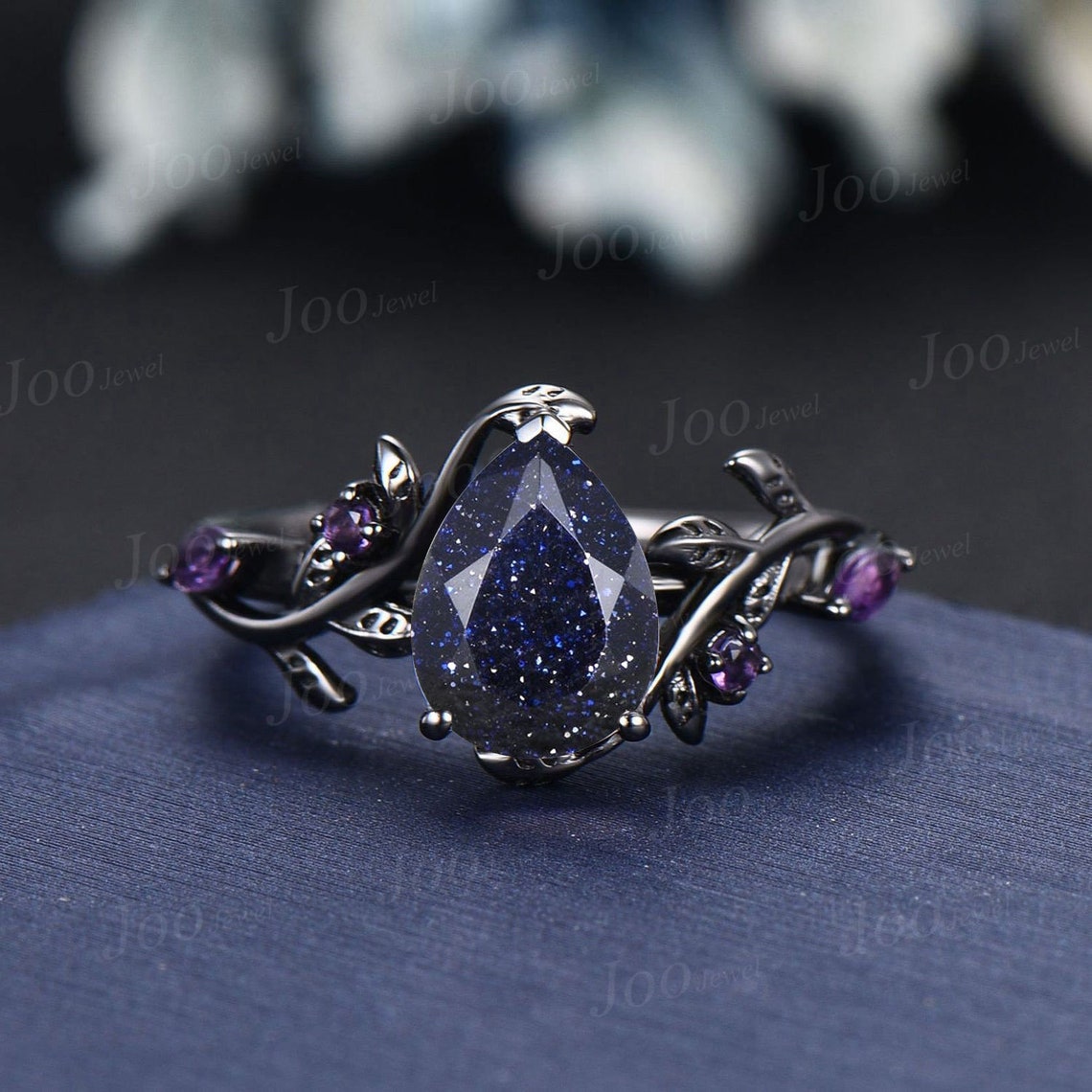 Pear Galaxy Blue Sandstone Amethyst Engagement Ring Set Vintage 14k ...
