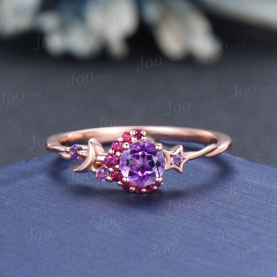 Round Ruby Amethyst Cluster Wedding Ring Moon Star Amethyst Promise ...