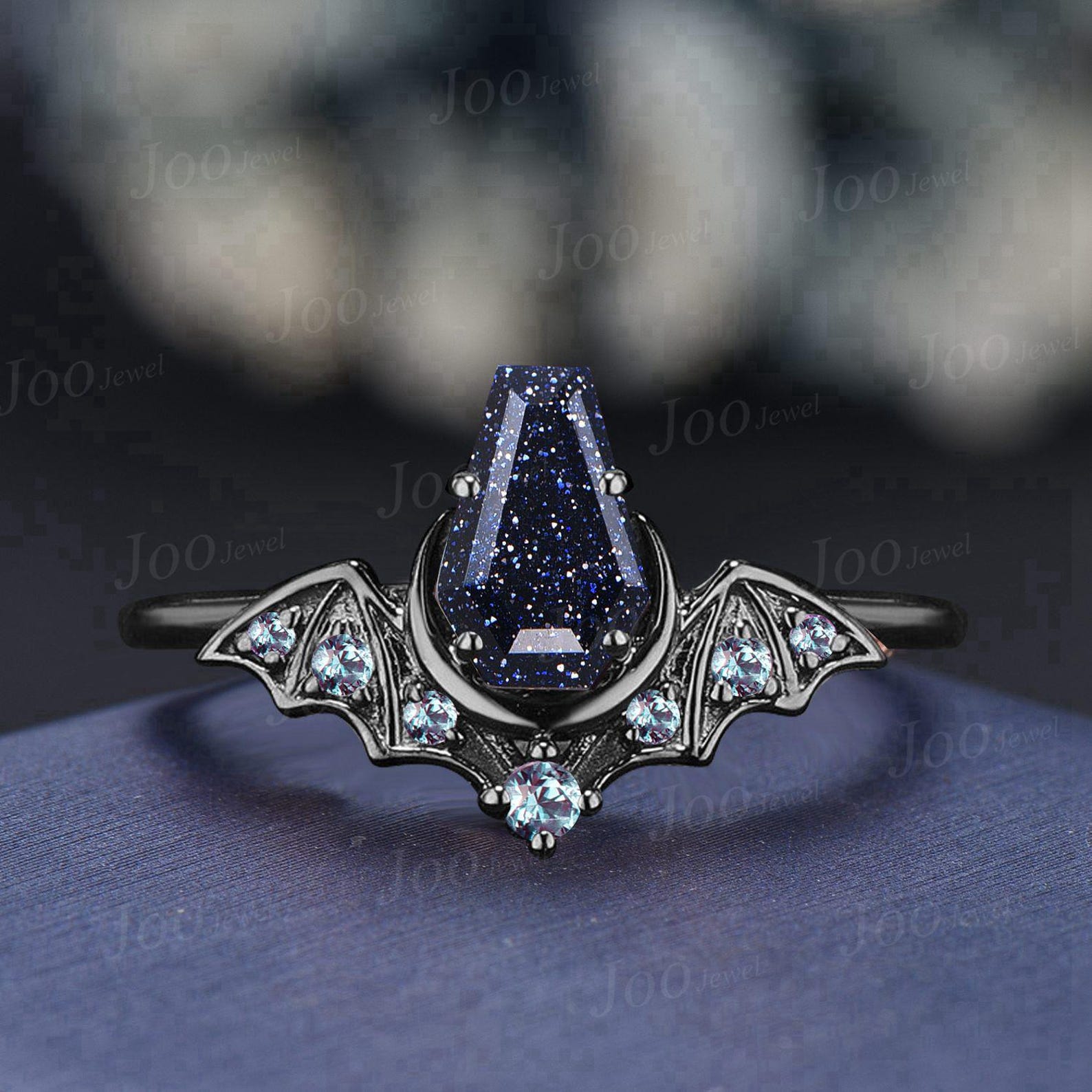 Coffin Cut Galaxy Starry Night Blue Sandstone Amethyst Bridal Ring ...