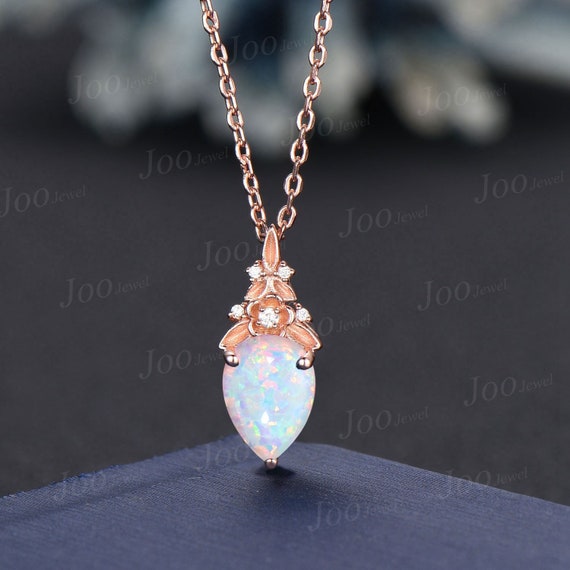 Teardrop Cut White Fire Opal Necklace Solid 14k 18k Rose Gold Branch Floral Pendant for Women Dainty Anniversary Bridal Gift Mother Jewelry Etsy