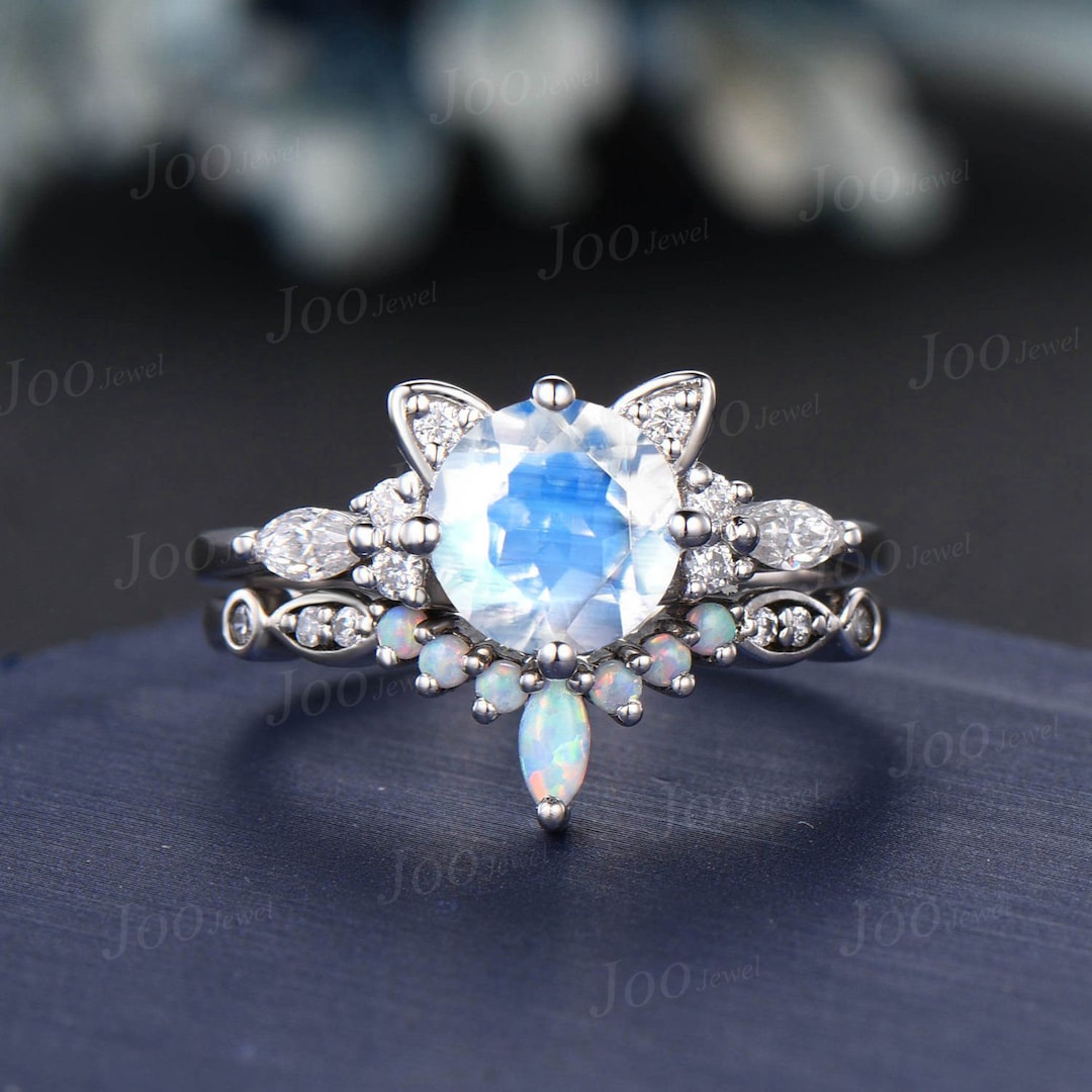 Cat Cut Engagement Ring Set Meme Sterling Silver Round Moonstone Opal ...