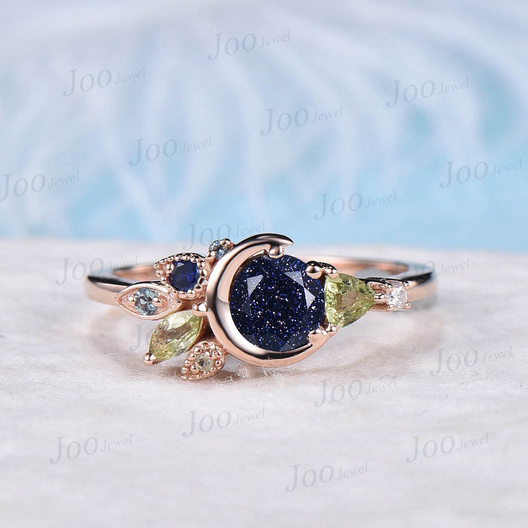 Unique Round Blue Sandstone Ring Moon Wedding Ring Celestial Engagement ...