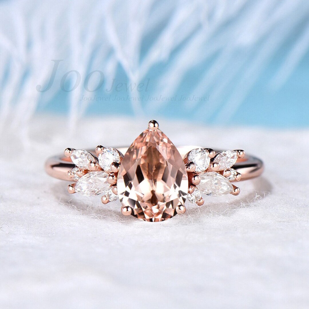 Natural Pink Morganite Engagement Rings Rose Gold 1.25ct Pear Shaped ...