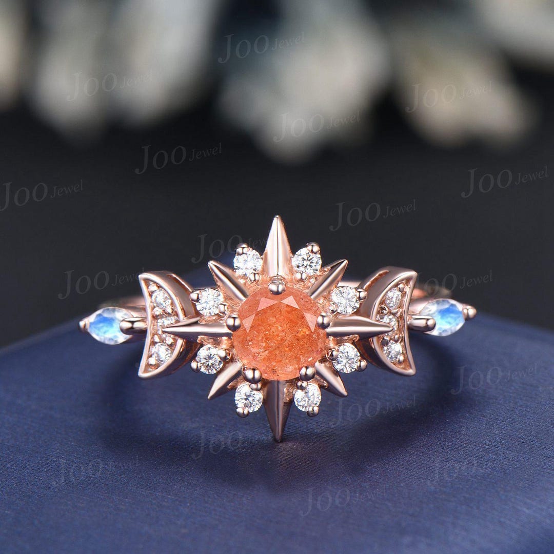 Round Cut Nature Sunstone Ring Sun Engagement Ring Orange Gemstone ...