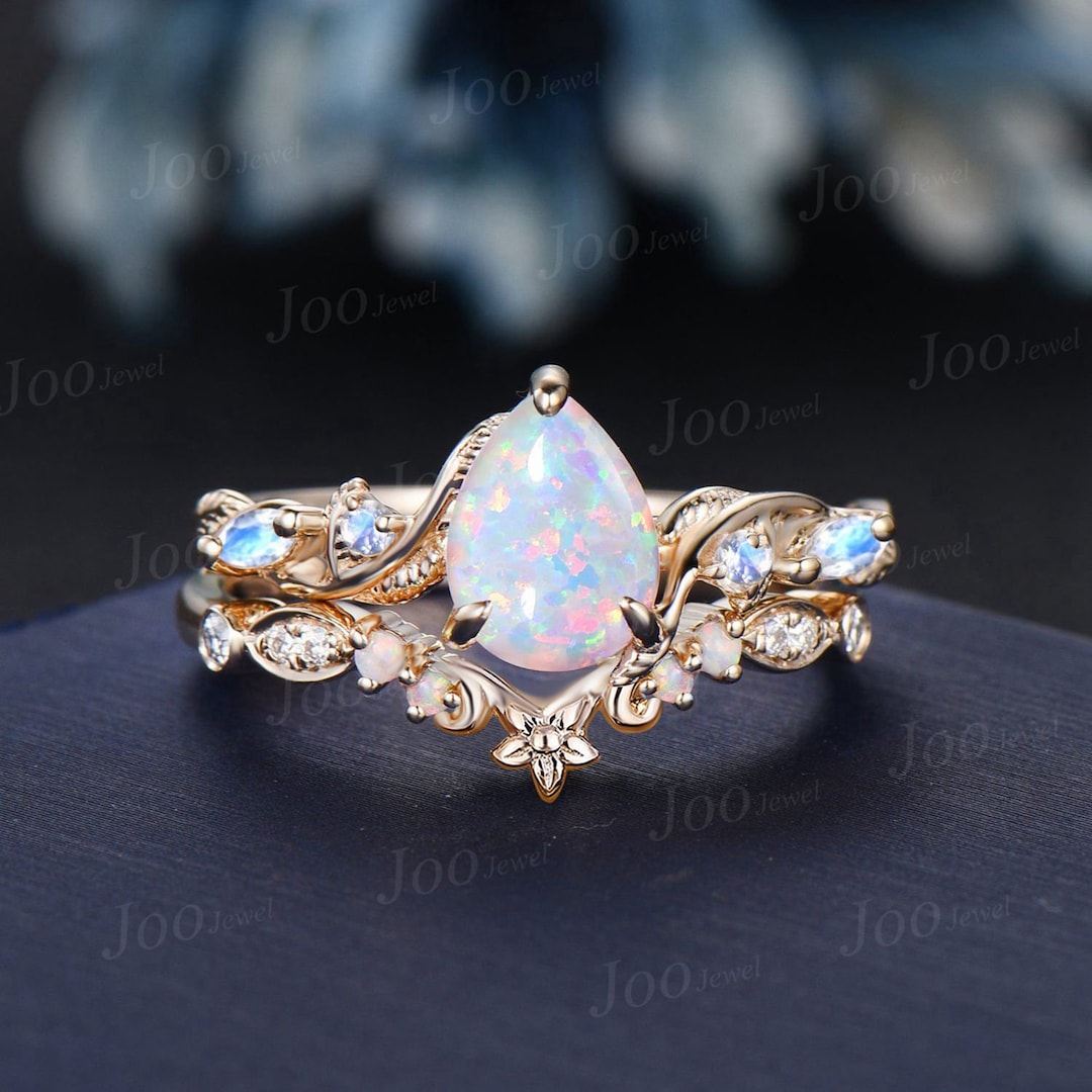 14K Yellow Gold Fire Opal Ring Set Pear White Opal Moonstone Nature Engagement Ring Opal Floral ...
