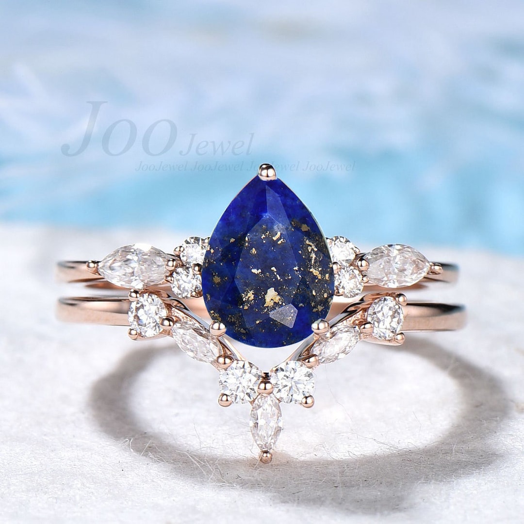 1.25ct Teardrop Natural Blue Lapis Lazuli Engagement Ring Set Sterling ...