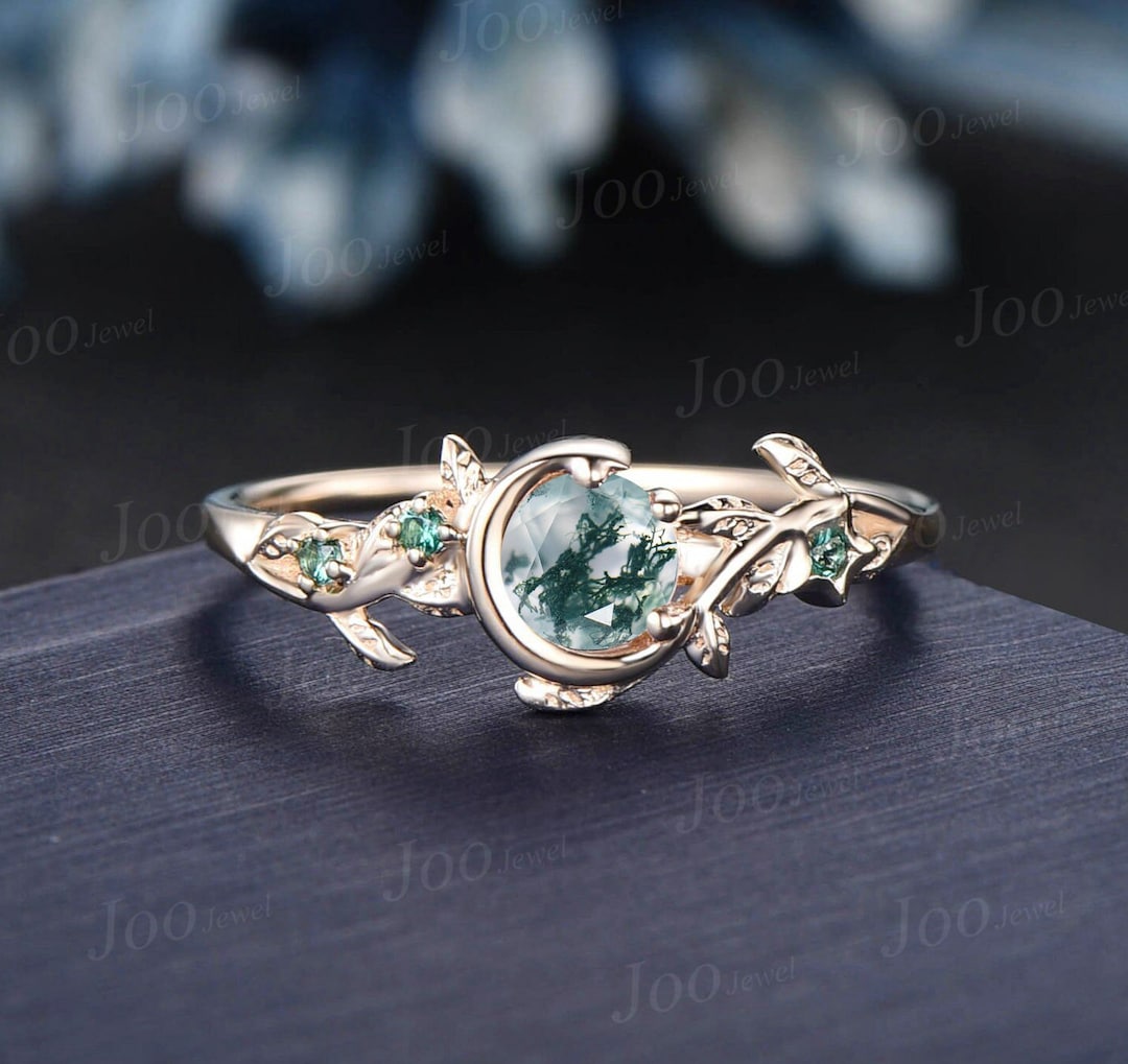 Nature Inspired Natural Moss Agate Ring Moon Star Design Vintage 1ct ...