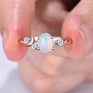 Crescent Moon Ring 10K Rose Gold White Opal Moon Engagement Ring Natural Moonstone Celestial ...