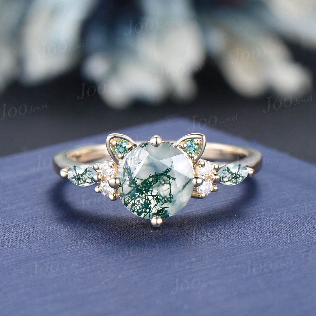 Cat Engagement Ring Vintage 1.2ct Natural Moss Agate Emerald Cat Cut ...