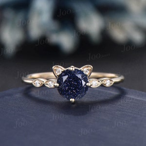 Cute Cat Wedding Ring Round Cut Galaxy Blue Sandstone Onyx Bridal Ring ...
