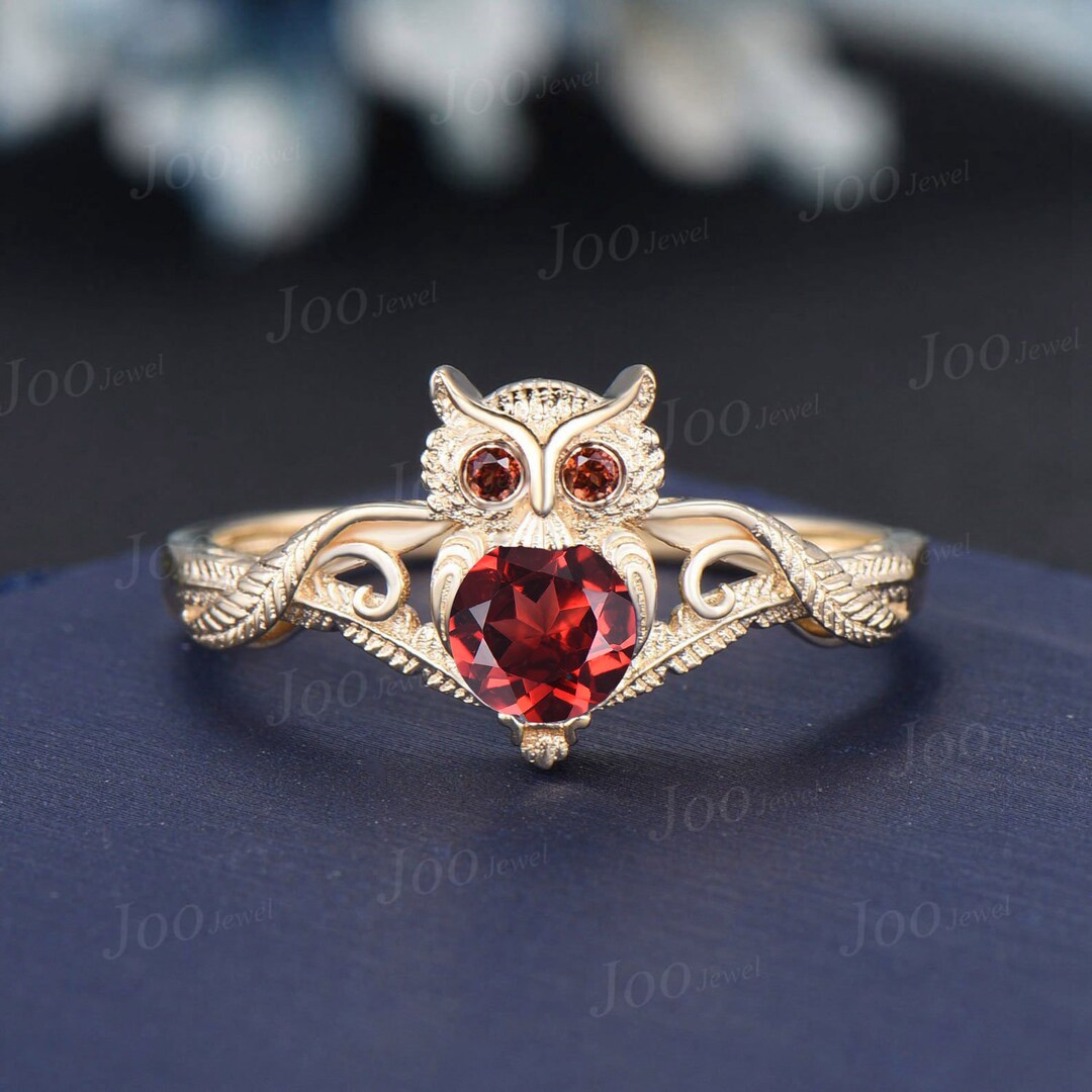 Unique Branch Twig Vine Owl Engagement Ring 14K Yellow Gold Natural Red ...