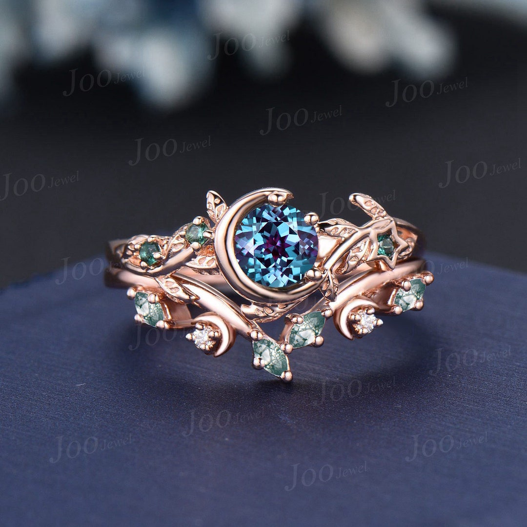 Crescent Moon Star Alexandrite Engagement Ring Set Round Color-change ...