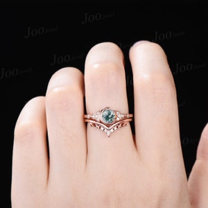 5mm Round Cut Natural Moss Agate Moon Wedding Ring Set Vintage Celtic ...