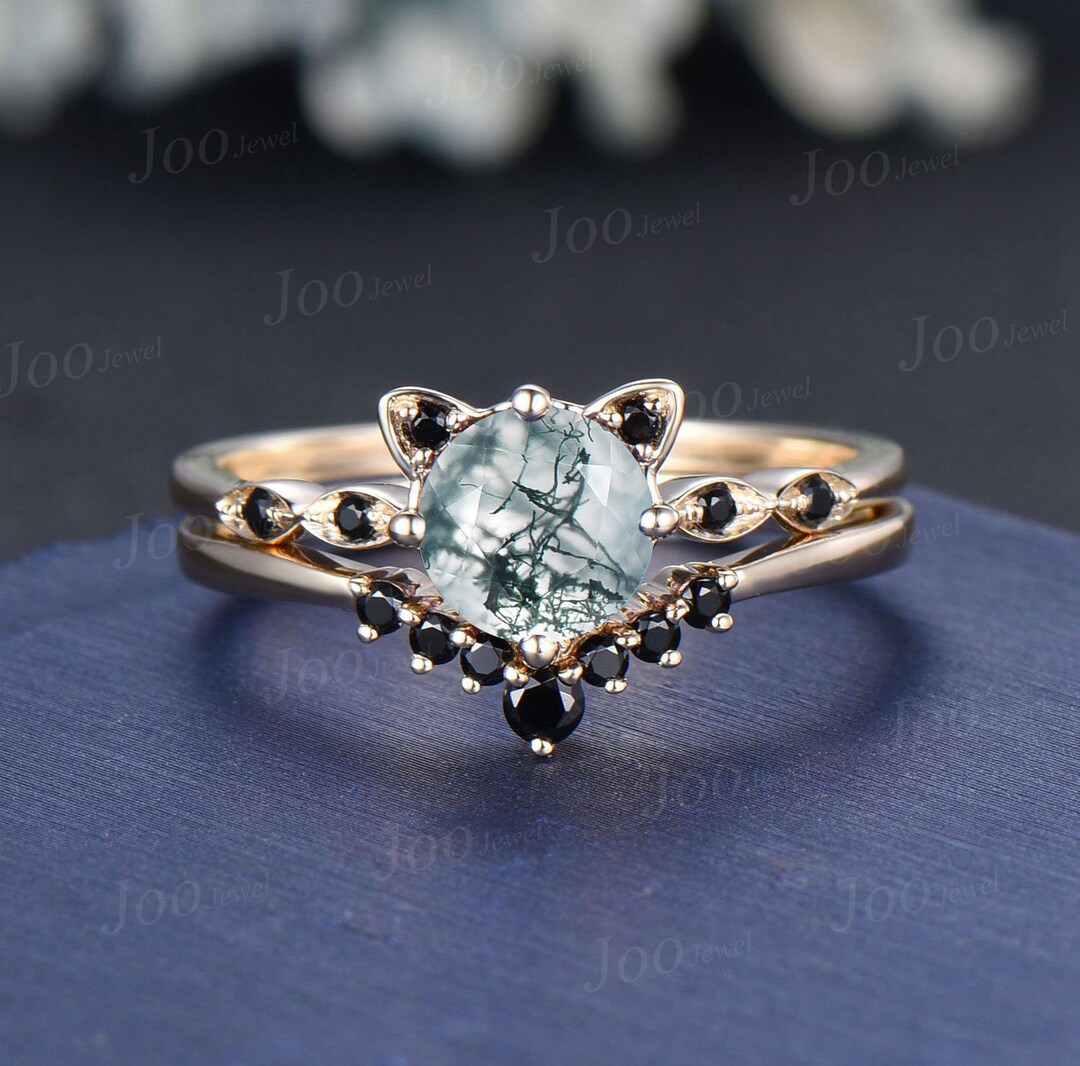 Cat Engagement Ring Vintage 1ct Natural Green Moss Agate Promise ...