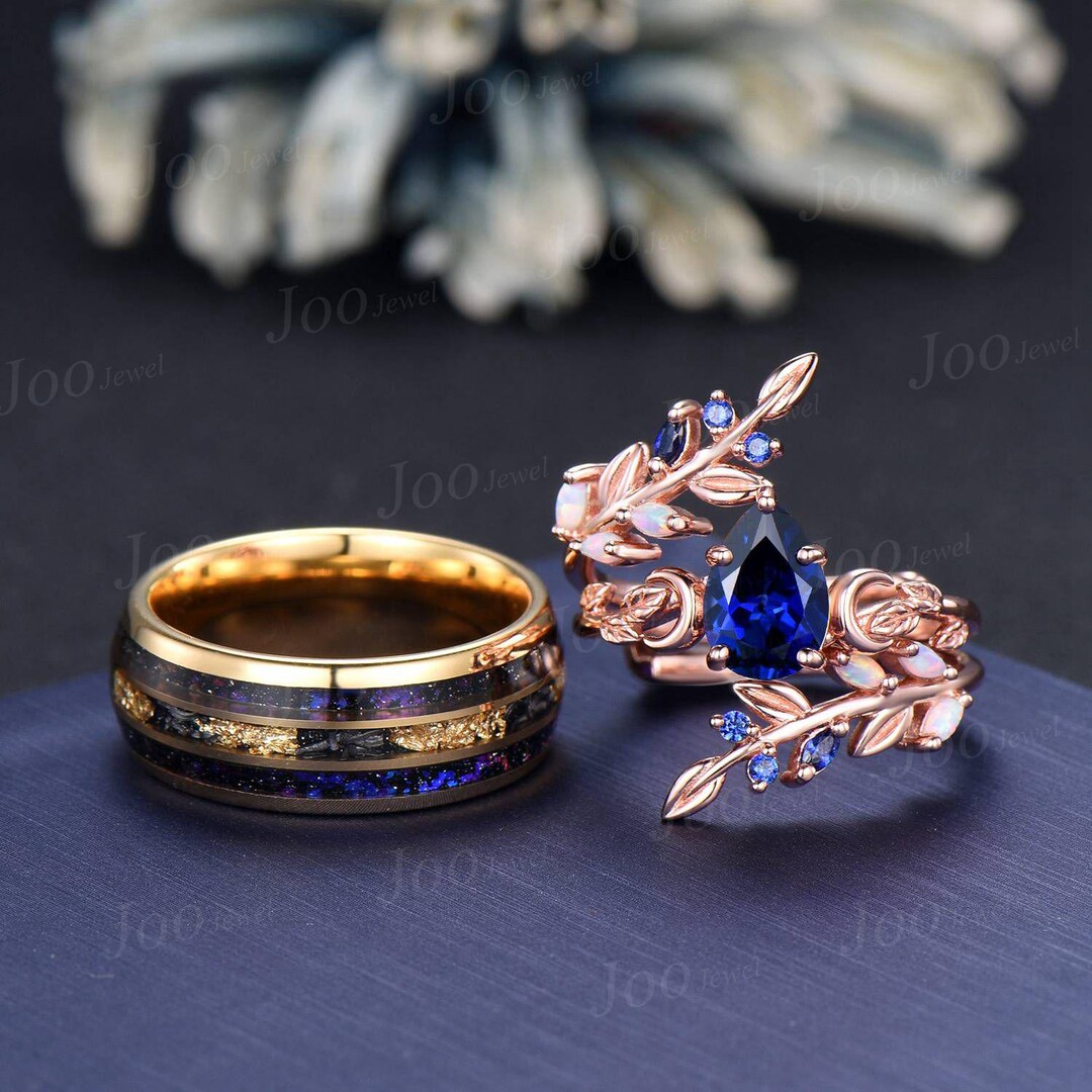 Blue Sapphire Opal Couple Leaf Wedding Ring Set | Pear Bridal Ring |enhancer Leaf Band ...