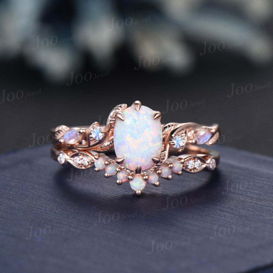 Twig Branch White Opal Ring Set 10K Rose Gold 1.5ct Oval Cut Nature Opal Moonstone Engagement ...