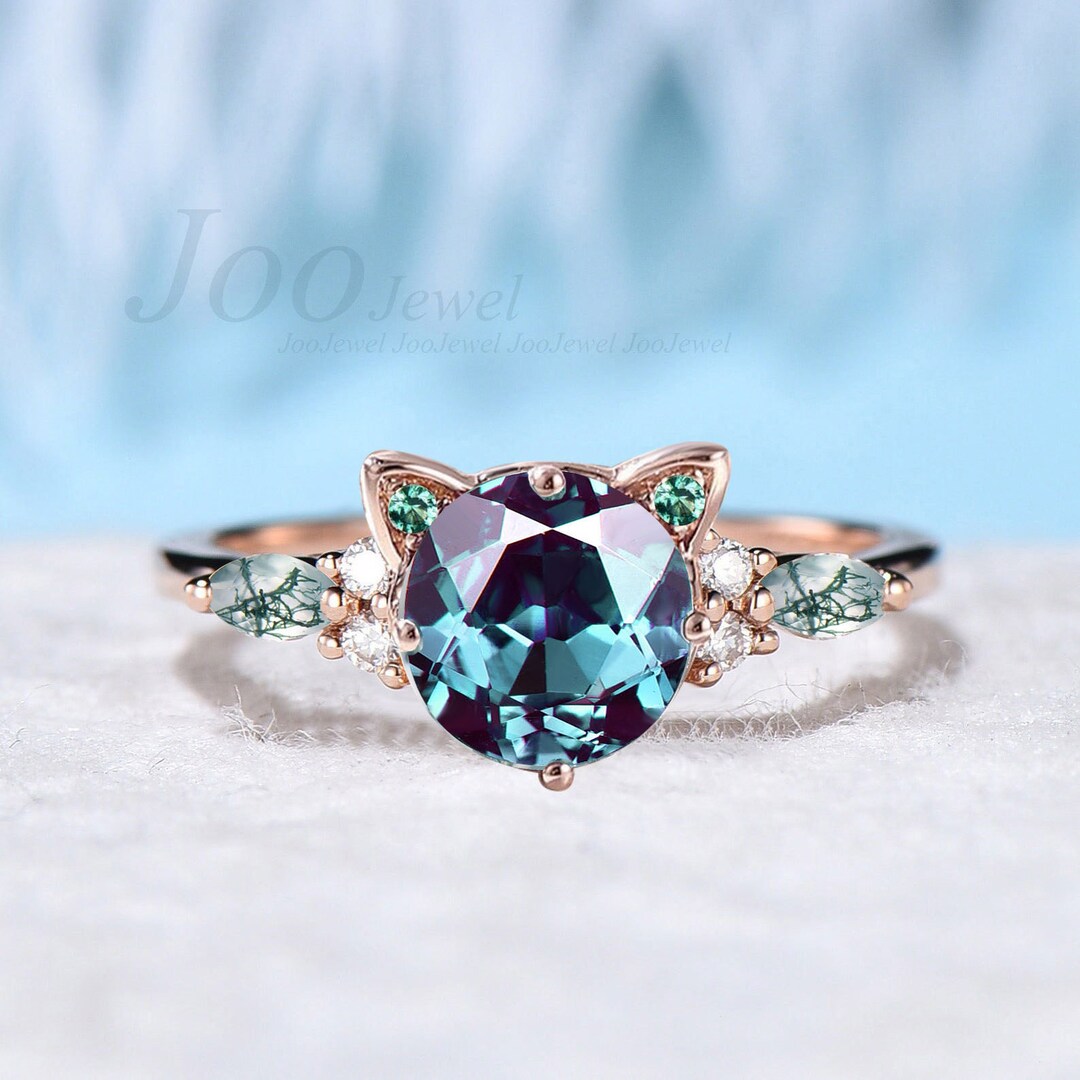 Vintage 1.2ct Round Color-change Alexandrite Agate Promise Ring Cat ...