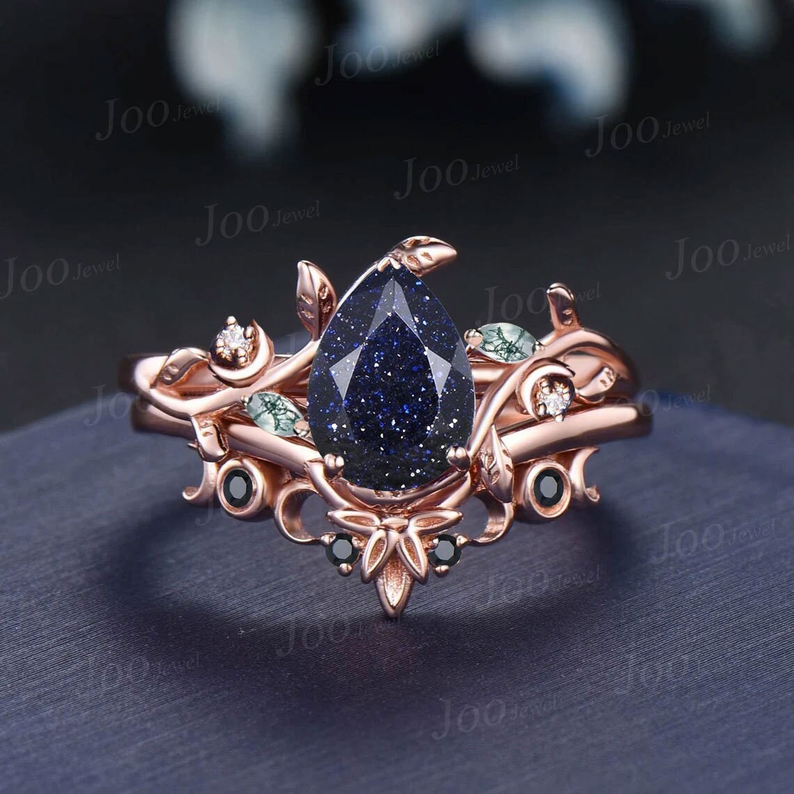 Galaxy Blue Goldstone Moss Moon Engagement Ring 14K Rose Gold Nature ...
