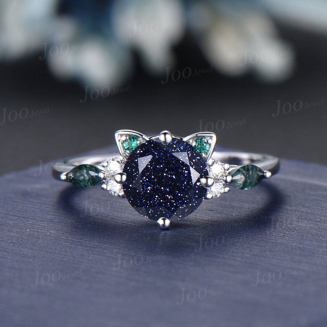 Cat Engagement Ring 1.2ct Galaxy Blue Goldstone Emerald Agate Ring ...