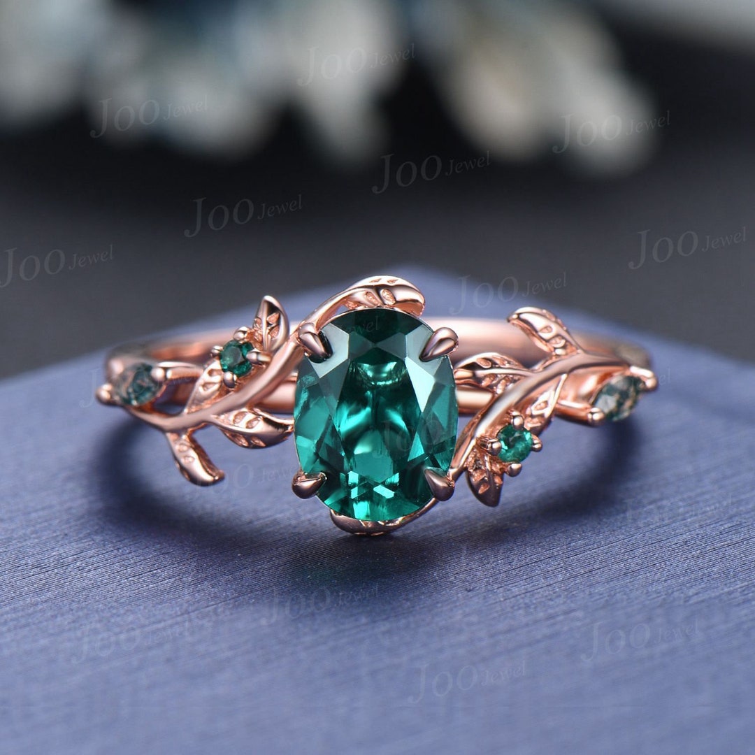Nature Inspired Oval Green Emerald Engagement Ring Set 1.5ct Twig ...
