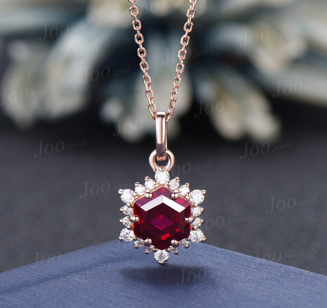 Hexagon Cut Ruby Necklace Halo Moissanite Pendant Vintage Red Gemstone ...
