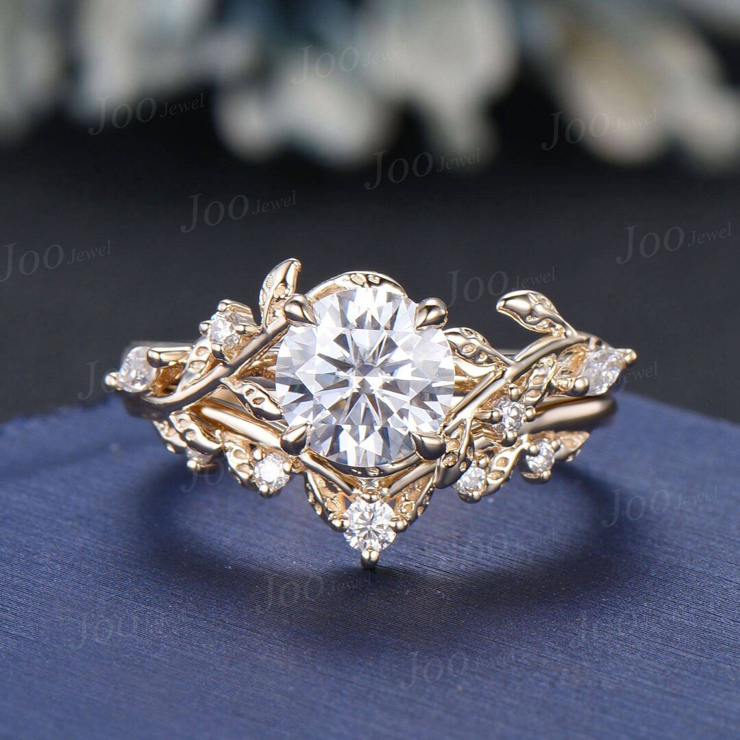 1ct Round Cut Moissanite Engagement Ring 14K Real Gold Nature Inspired Diamond Engagement Ring ...