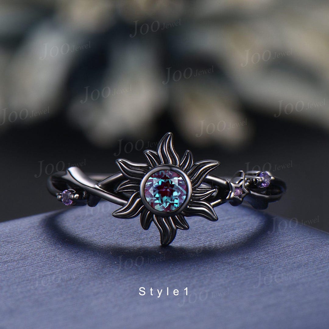 14K Black Gold Sun Engagement Ring Twig Vine Color-changed Alexandrite ...