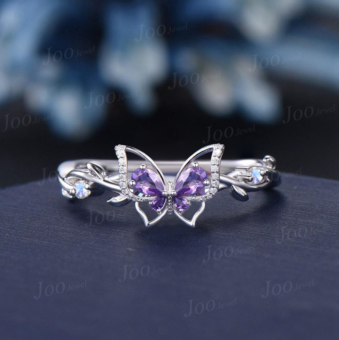 Nature Inspired Butterfly Promise Ring Pear Natural Amethyst Ring ...
