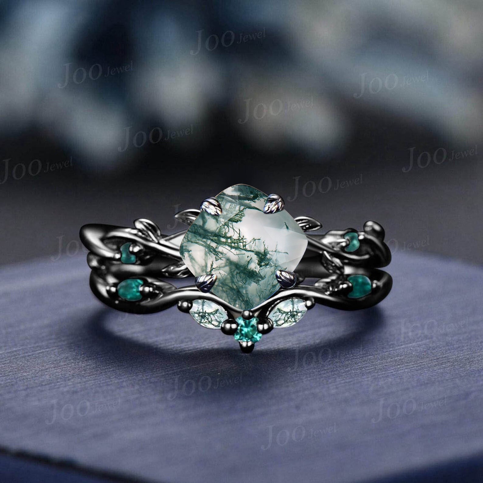Princess Cut Natural Green Moss Agate Emerald Engagement Ring Set 2ct ...
