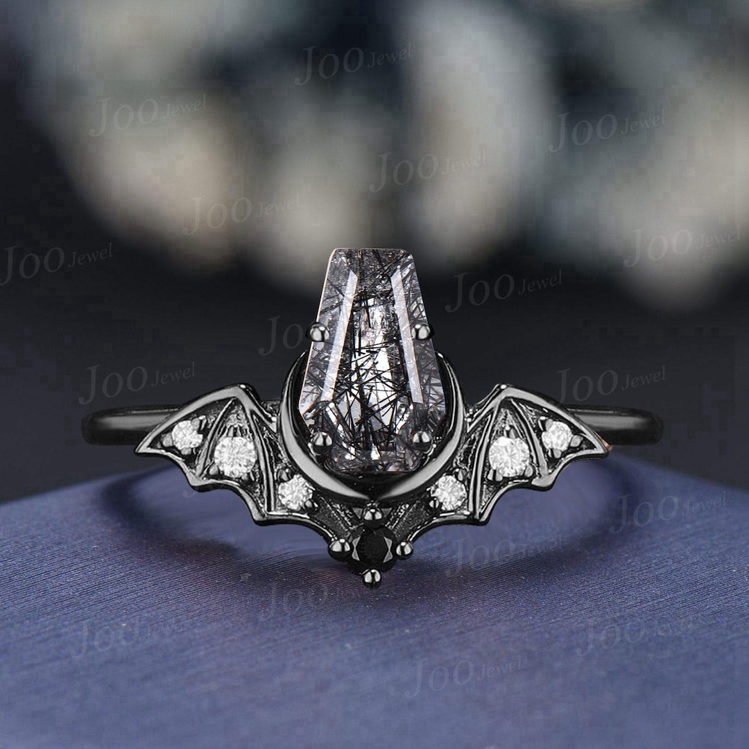Coffin Bat Engagement Rings Retro Coffin Moon Natural Black Rutilated ...