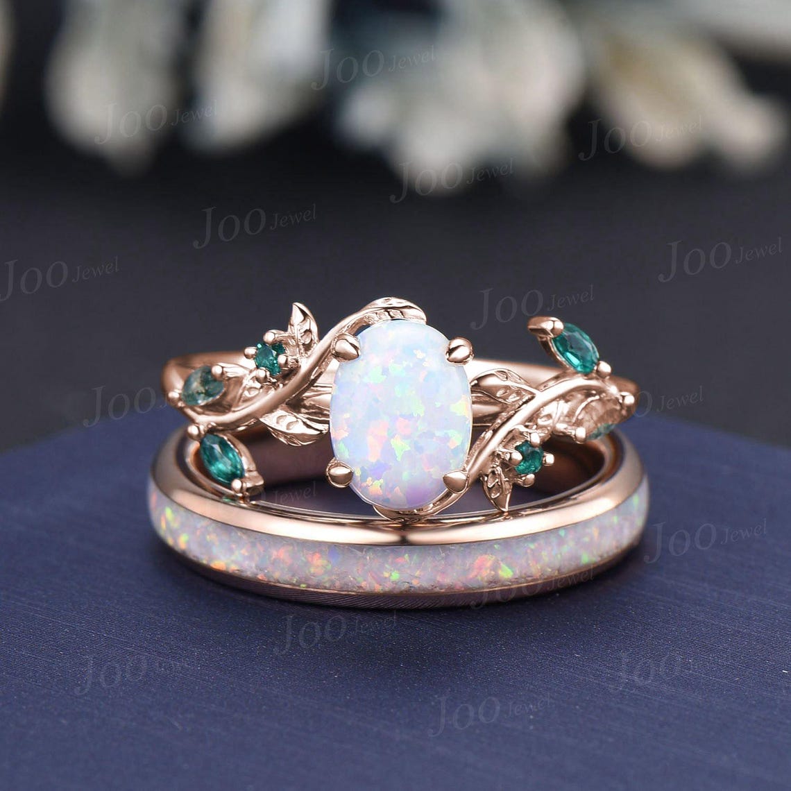 Leaf Design Oval Cut White Opal Stacking Matching Ring Set 4mm Wide No ...