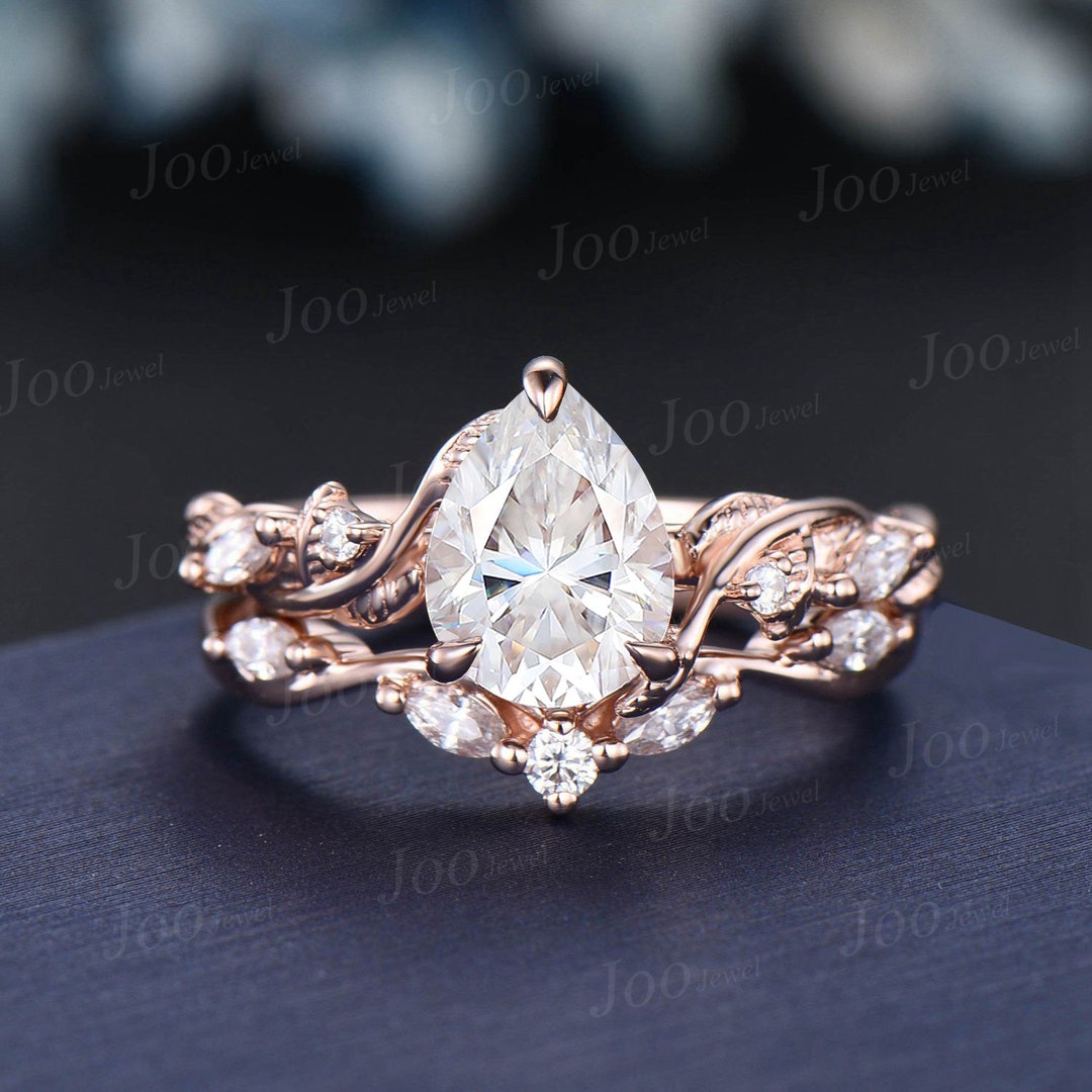 Nature Inspired Moissanite Engagement Ring Set Twist Band 1.25ct Pear ...