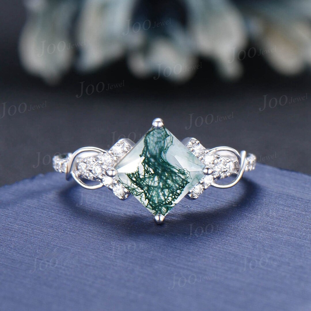 Princess Cut Natural Moss Agate Engagement Ring Sterling Silver Half ...