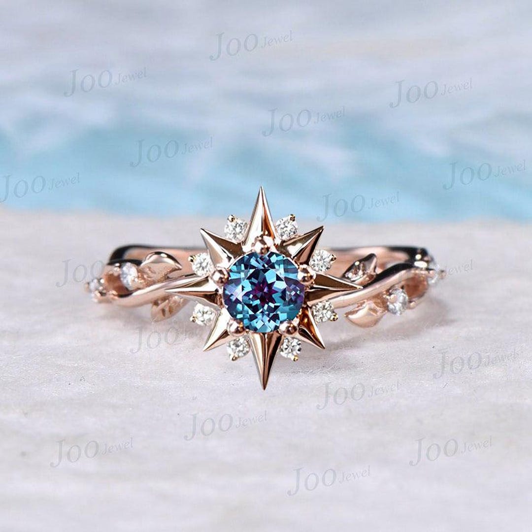 Unique Sun Engagement Ring Nature Inspired Leaf Round Cut Color-changed ...