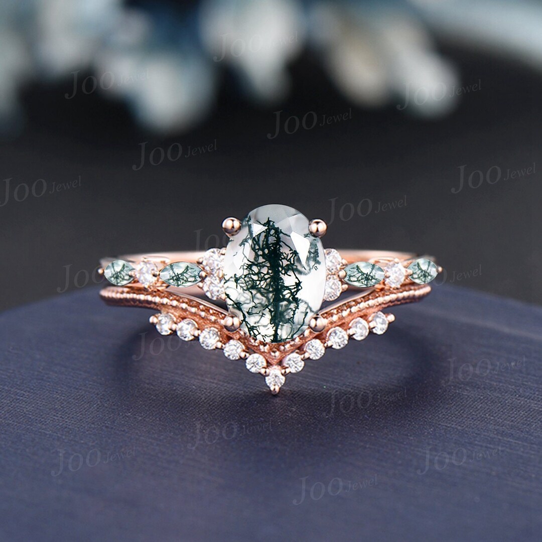 Oval Cut Green Moss Agate Diamond Engagement Ring Set Unique Natural ...
