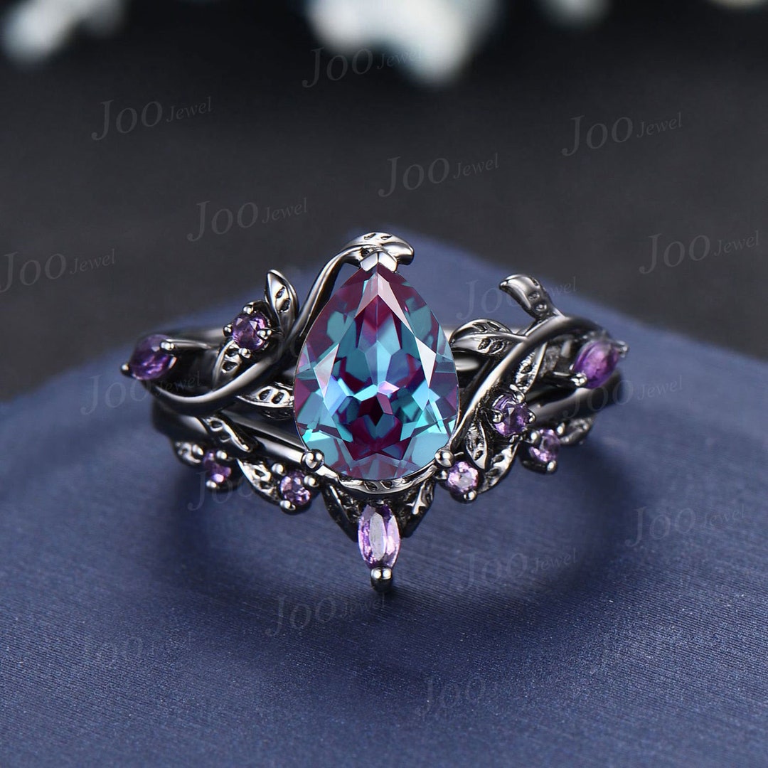 Gothic 14K Black Gold Color-change Alexandrite Amethyst Bridal Set ...