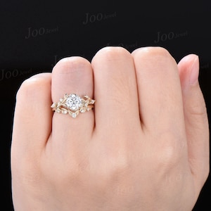 1ct Round Cut Moissanite Engagement Ring 14K Real Gold Nature Inspired ...