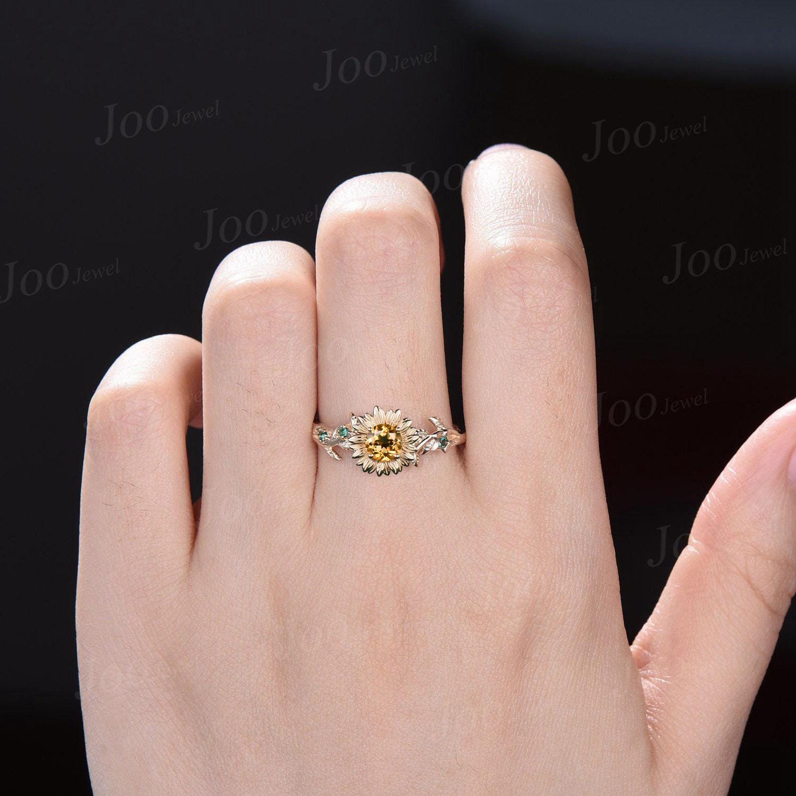 Sunflower Citrine Wedding Ring Solid 10K Gold Round Natural Citrine ...