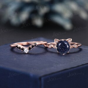 Cute Cat Wedding Ring Round Cut Galaxy Blue Sandstone Onyx Bridal Ring ...