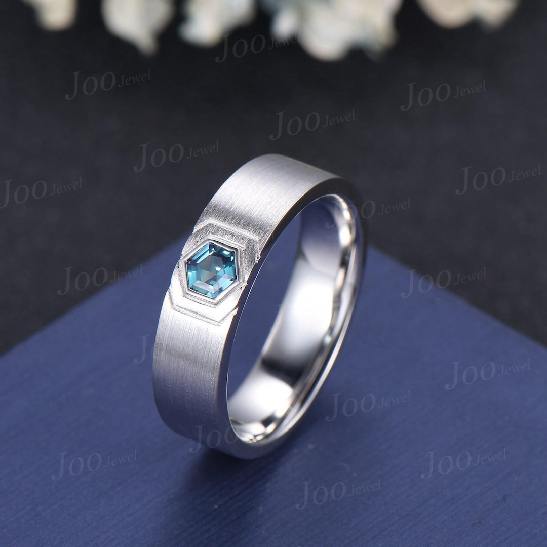 Hexagon Cut Color-change Alexandrite Mens Wedding Band 14K Solid Gold ...