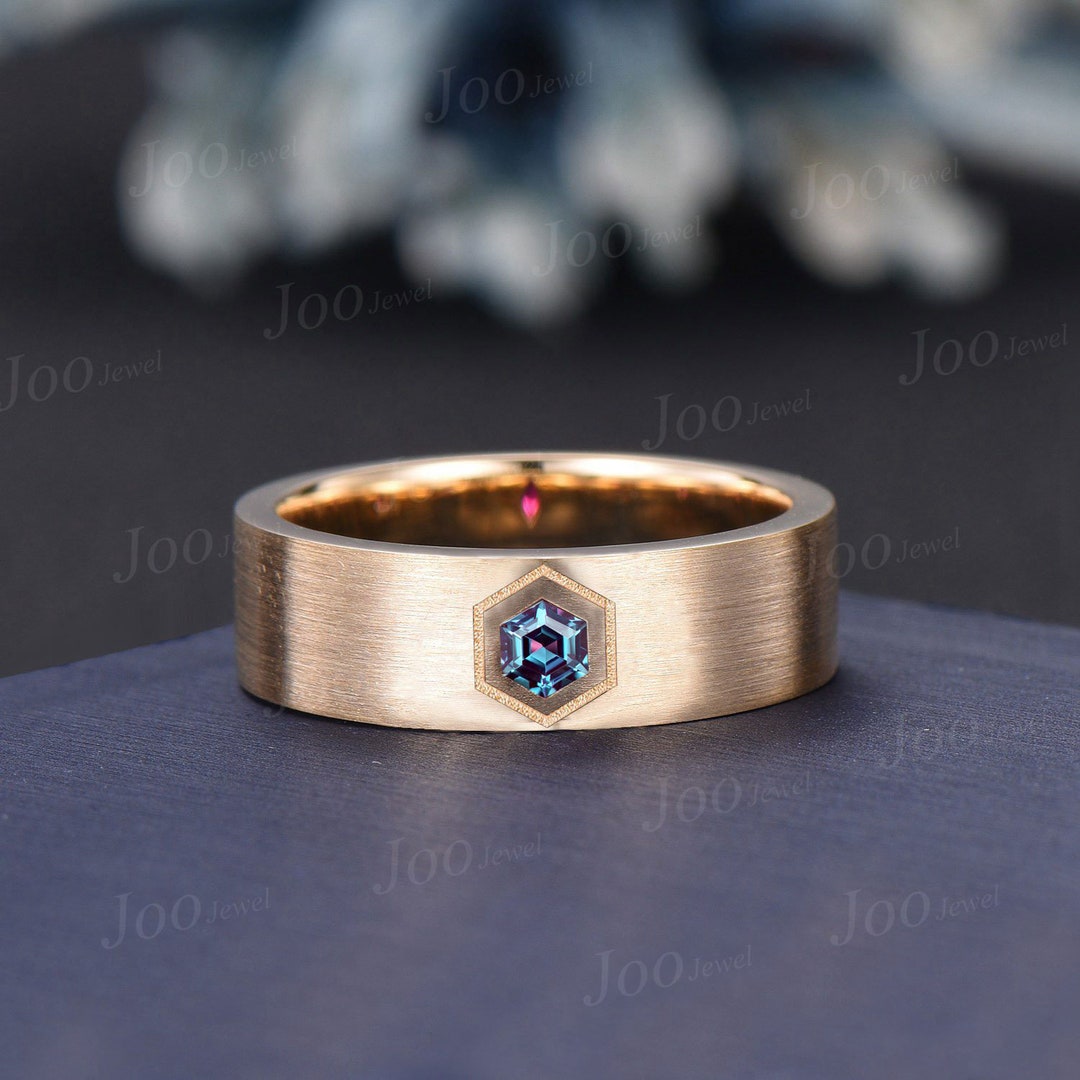 Hexagon Cut Color-change Alexandrite Mens Wedding Band 14K Solid Gold ...