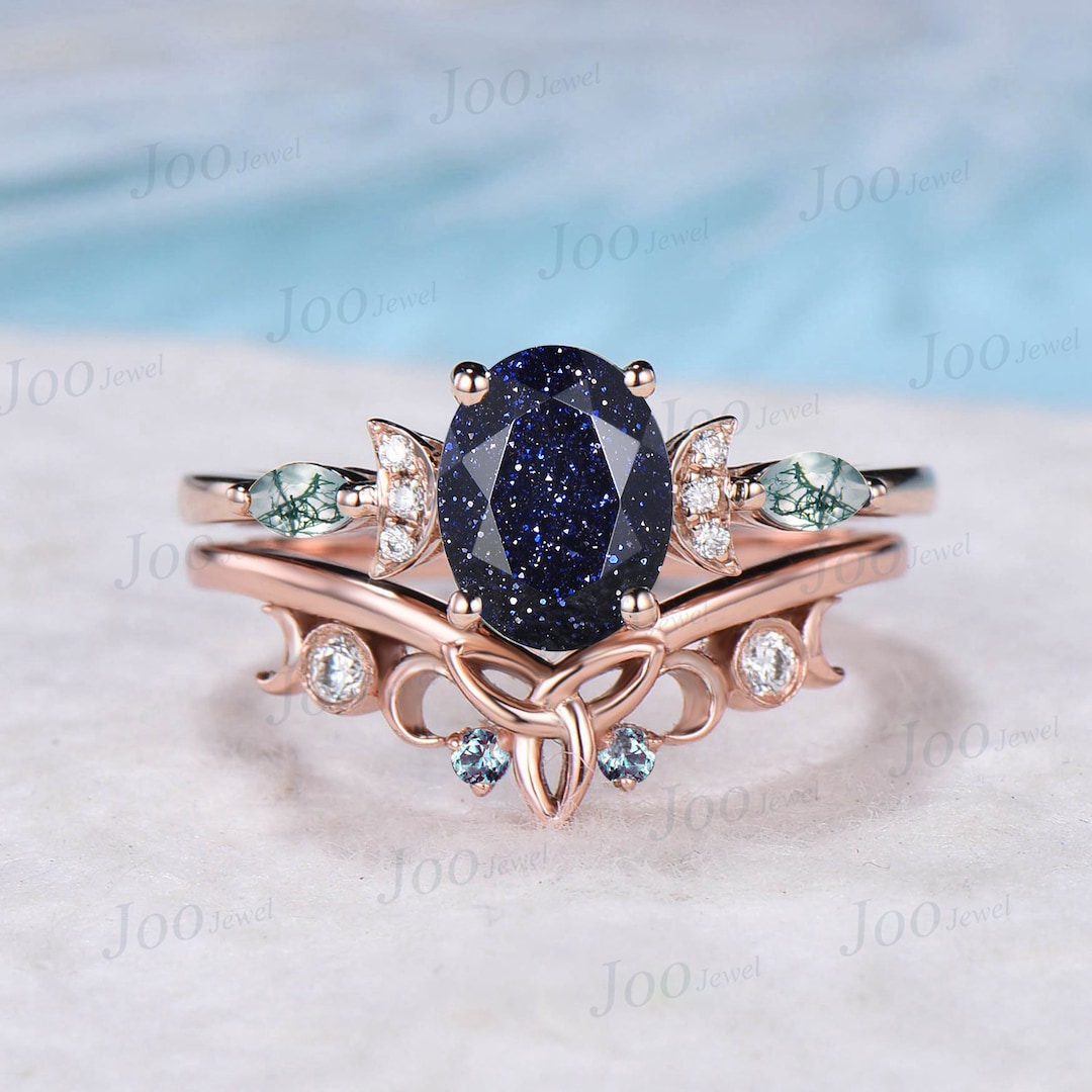 1.5ct Oval Galaxy Blue Sandstone Celestial Engagement Ring Triple Moon ...