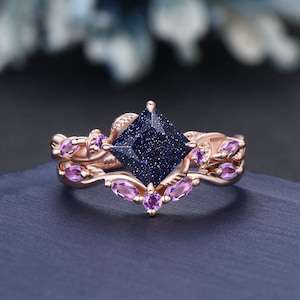 Princess Cut Blue Goldstone Ring Set Nature Inspired Galaxy Blue ...