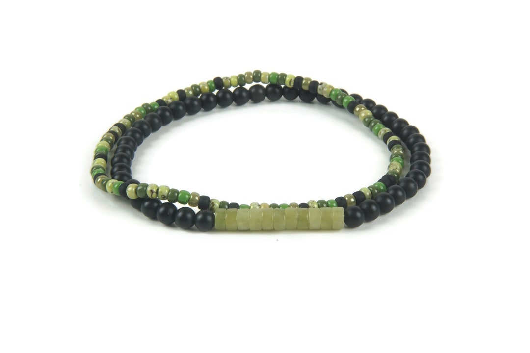 Matt Onyx and Green Jade Beaded Set for Men, Set of Two Bracelets, Mens ...