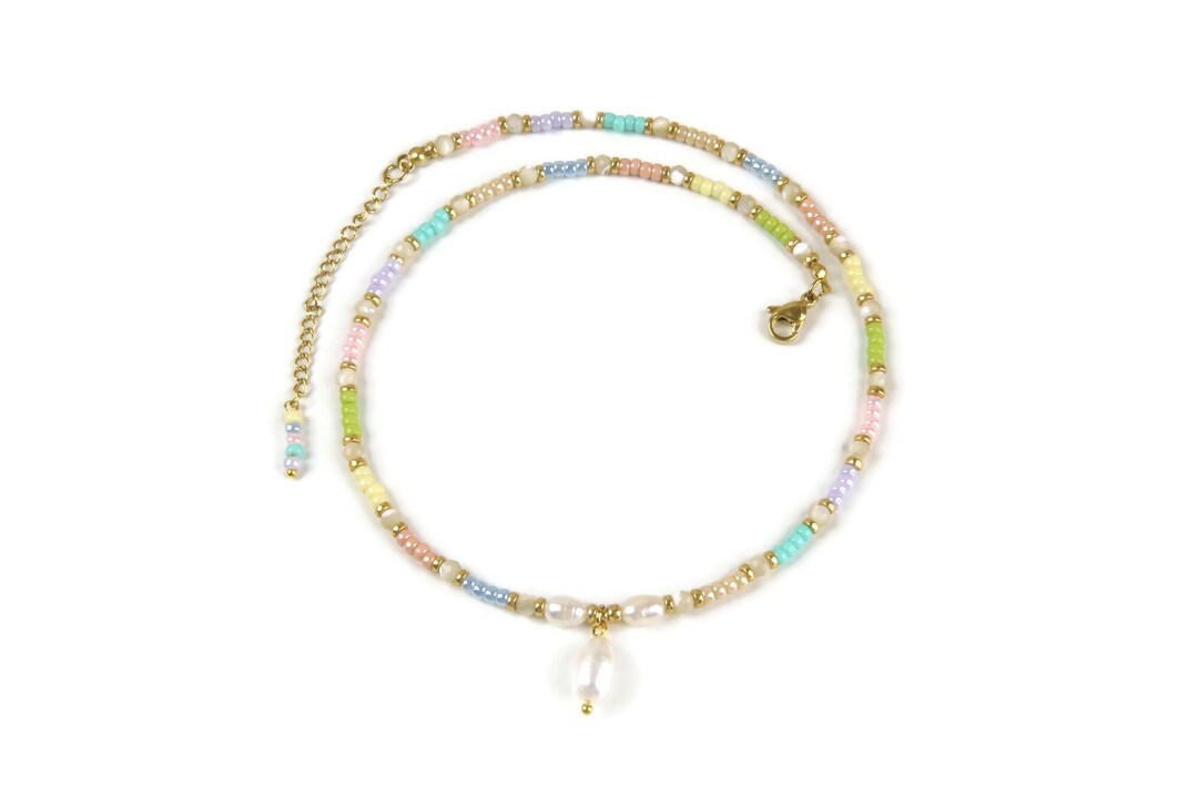 Pastel Pearl Beaded Choker, Pastel Color Necklace, Gold Pearl Choker ...