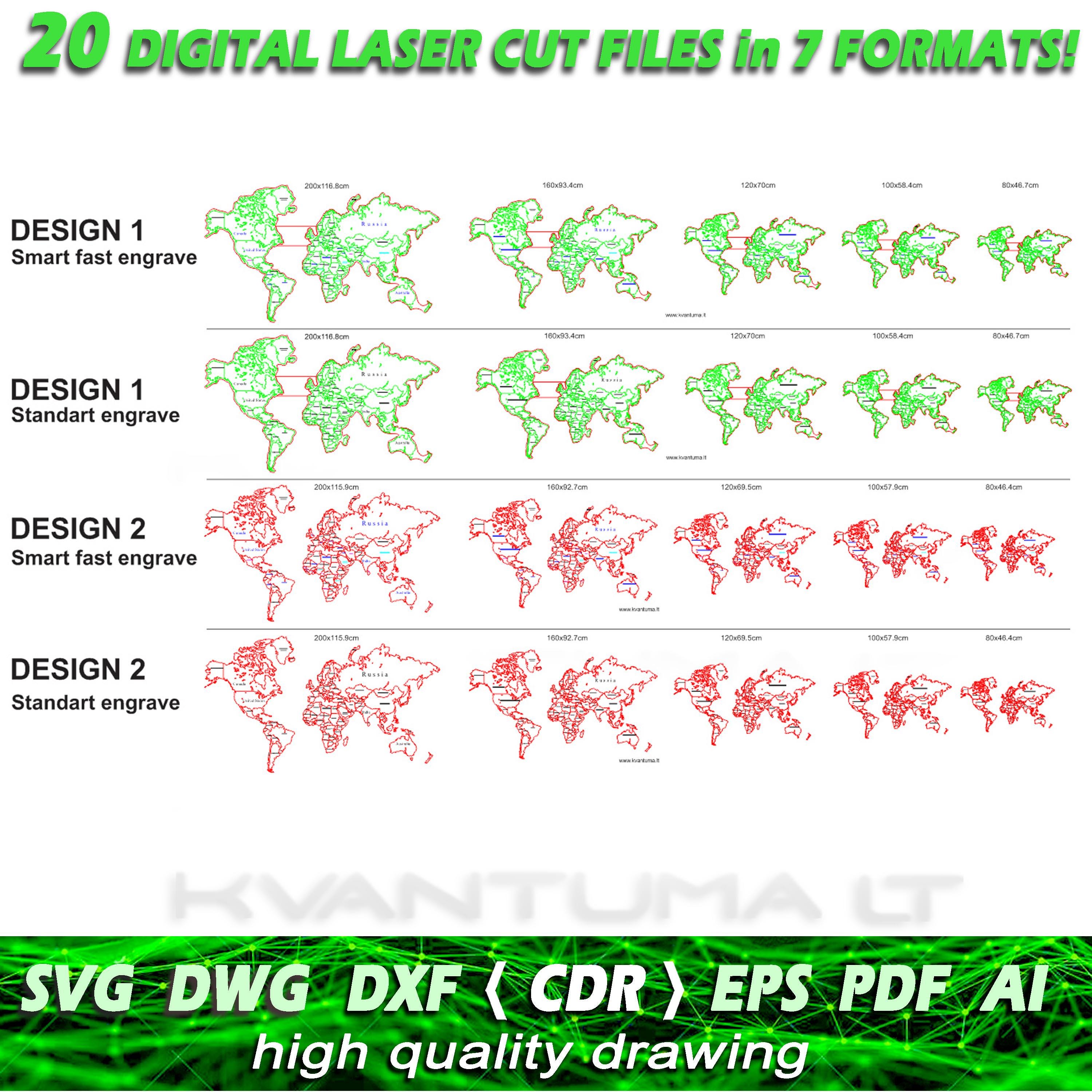 World Map SVG, Laser Cut File EPS, File for Laser Cutter DXF, Vector ...