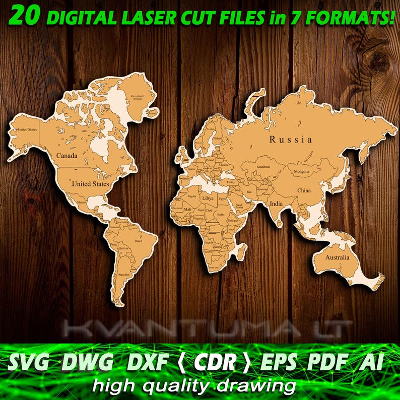 World Map SVG | Laser Cut Vector File Dxf | Cnc Wood Wall Map Ai CDR ...