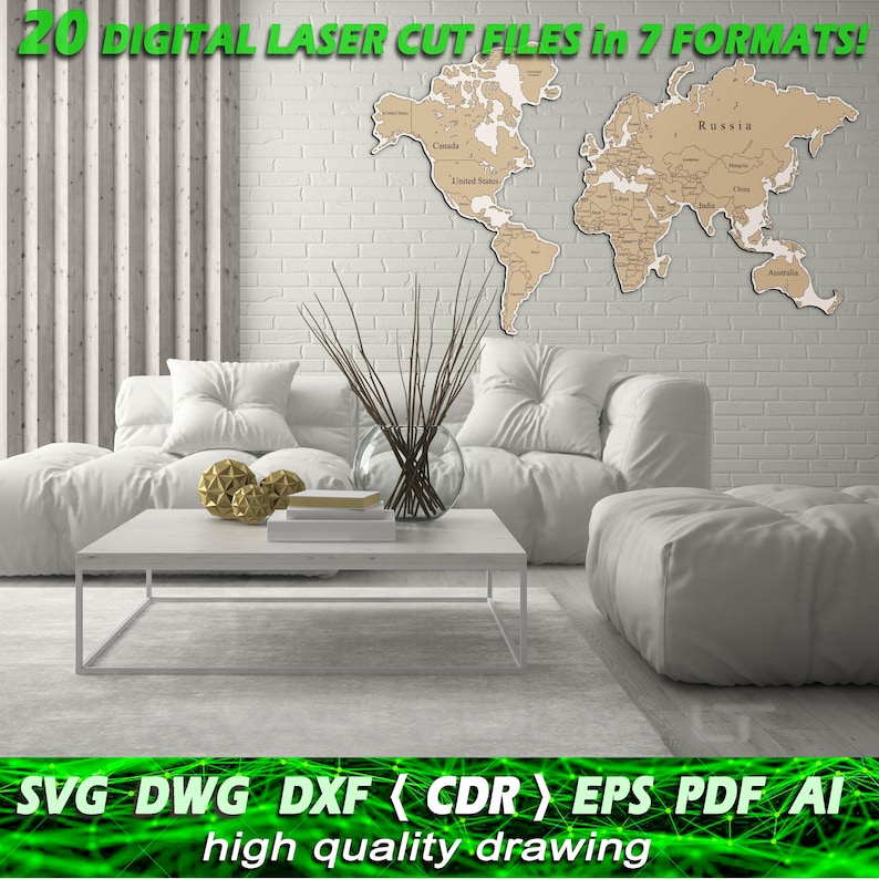 World Map SVG, Laser Cut File EPS, File for Laser Cutter DXF, Vector ...